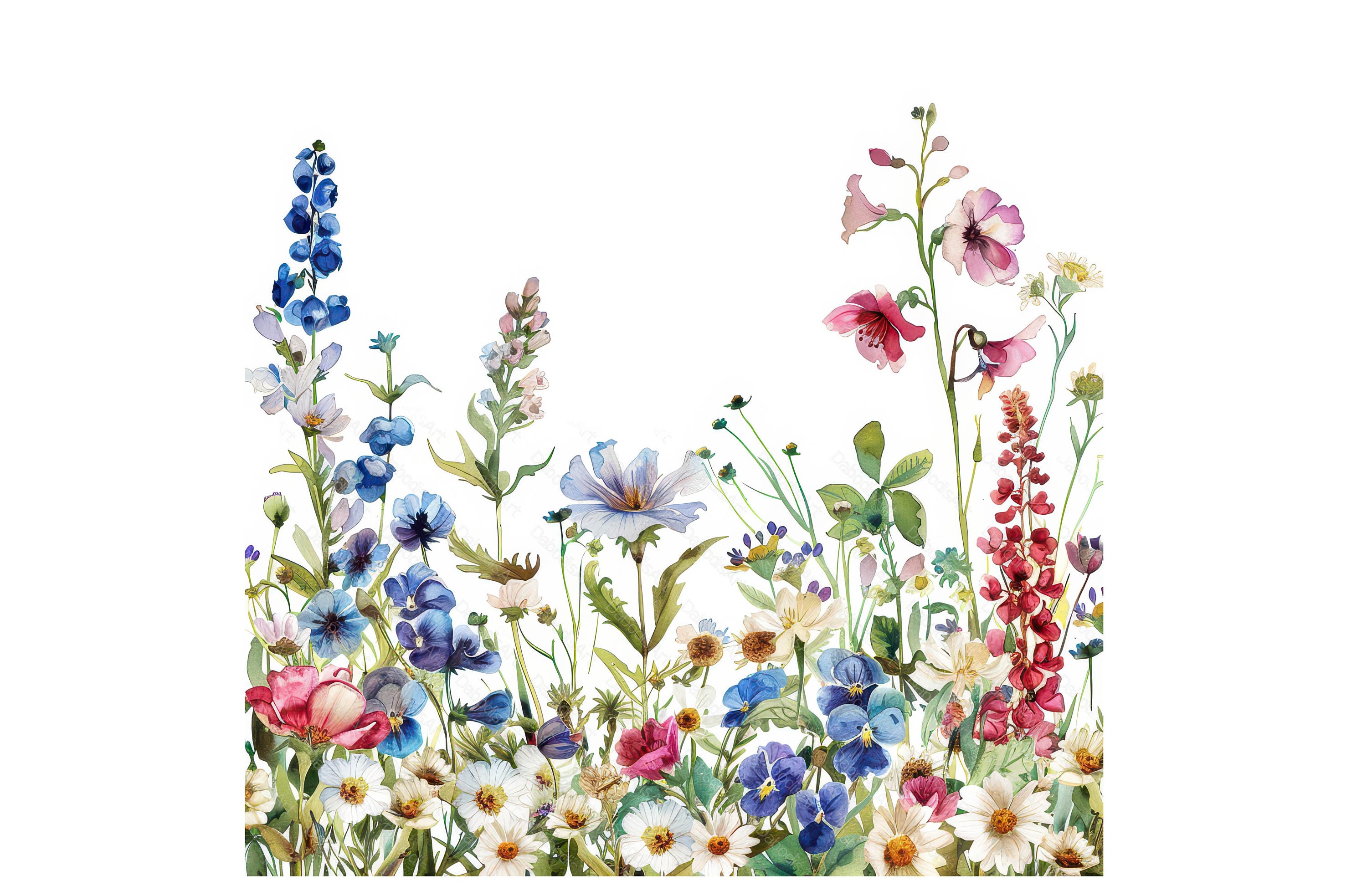 20 Watercolor Wildflowers Border. Set 4. Meadow Flowers and Grasses ...