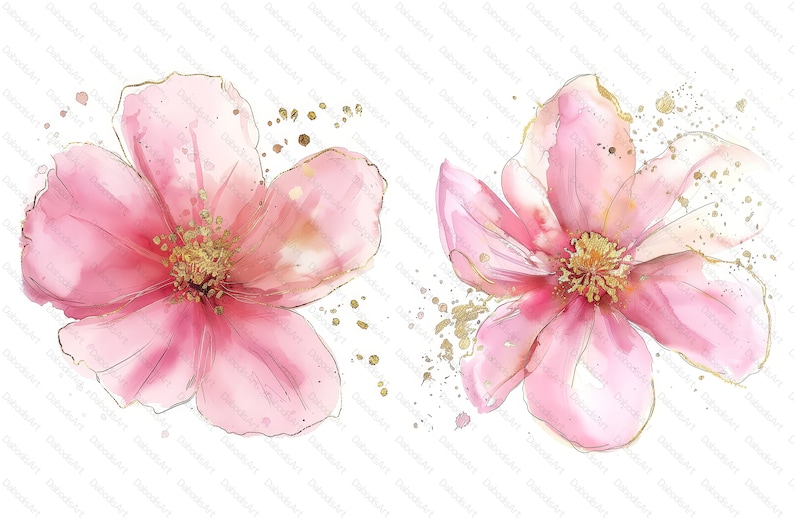 20 Abstract Pink Watercolor Flowers With Gold Glitter. Pink Gold Flower ...