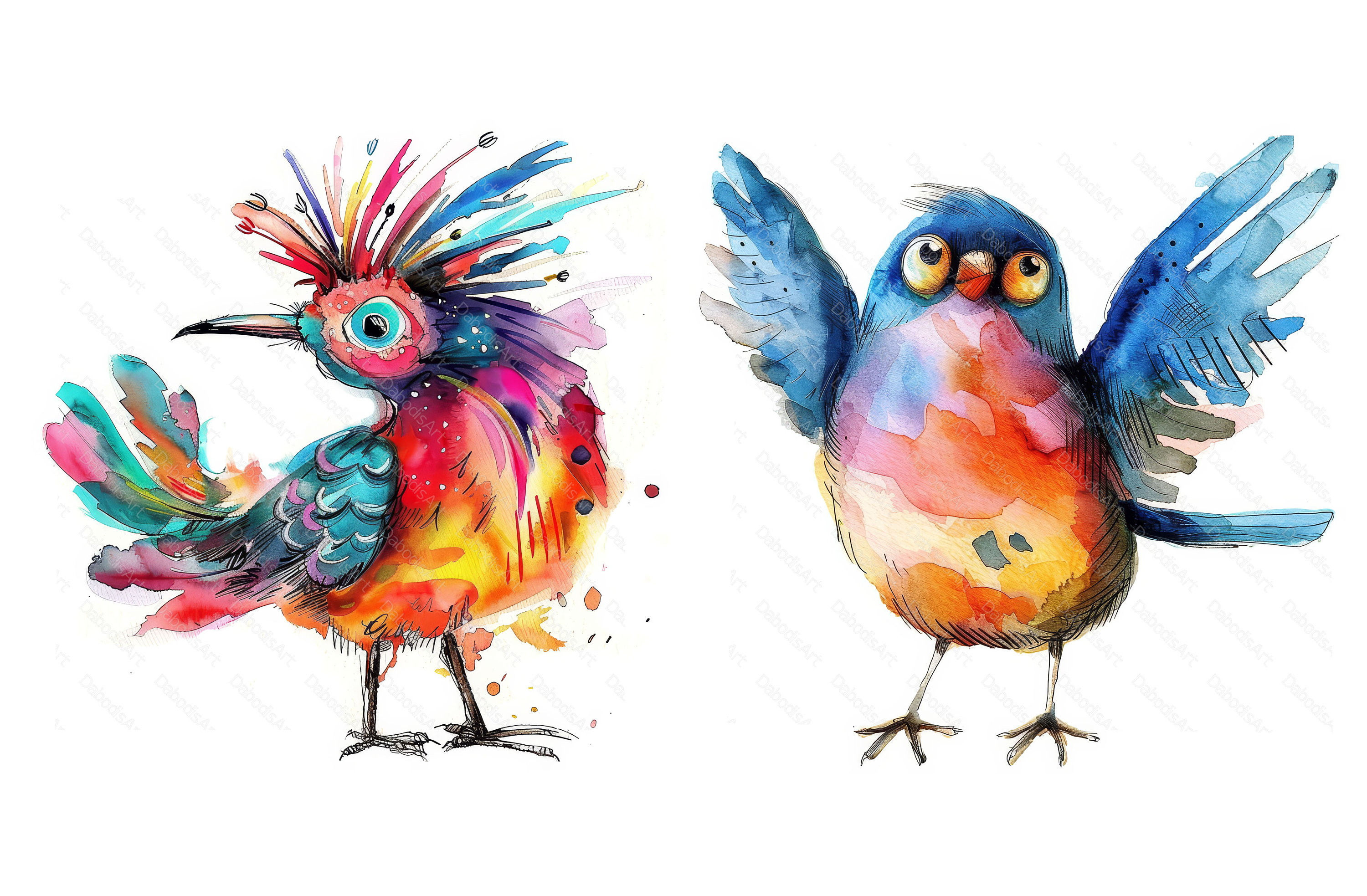 20 Whimsical Watercolor Birds. Funny Colorful Quirky Cute Birds ...