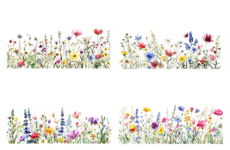 20 Wildflower Borders. Set 3. Watercolor Meadow Flowers. Colorful ...