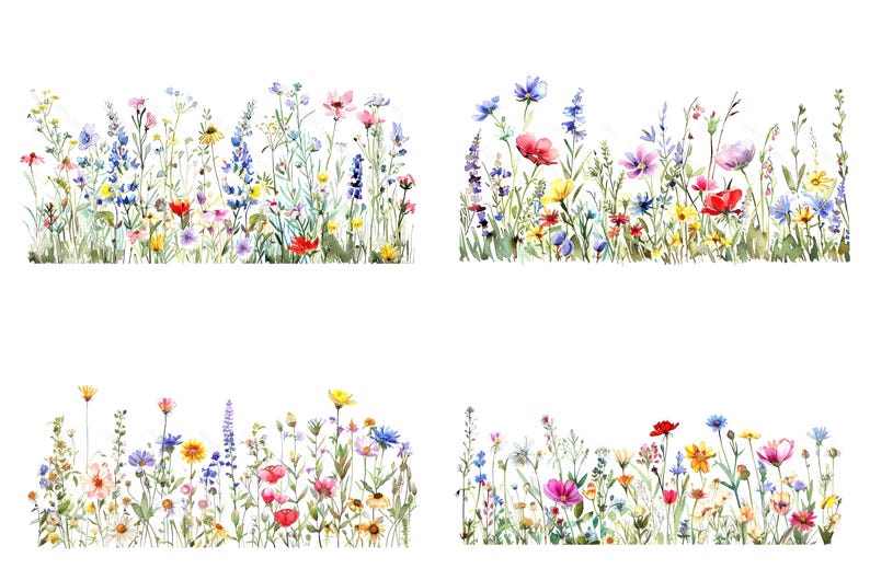 20 Wildflower Borders. Set 3. Watercolor Meadow Flowers. Colorful ...