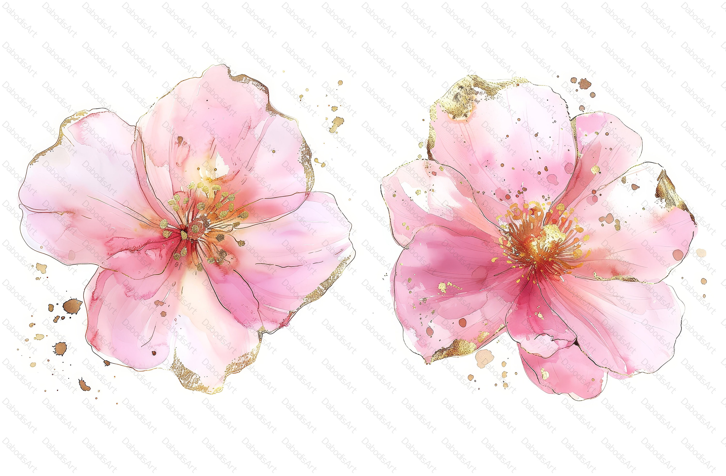 20 Abstract Pink Watercolor Flowers With Gold Glitter. Pink Gold Flower ...