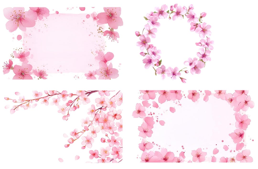 30 Watercolor Cherry Blossom Borders. Set 1. Pink Spring Flower Border ...