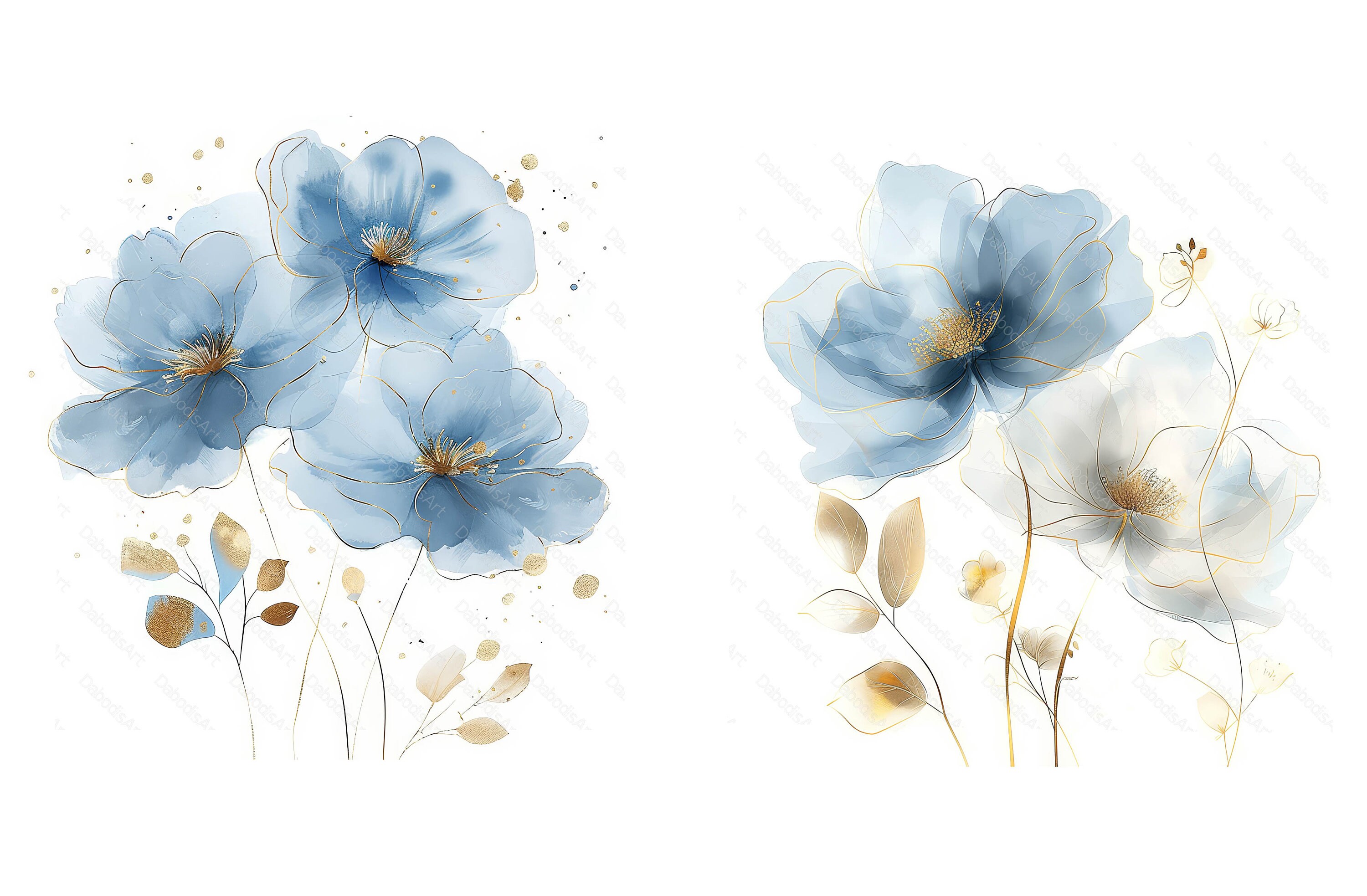 20 Abstract Blue Watercolor Flowers With Gold Glitter. Blue Gold Flower ...