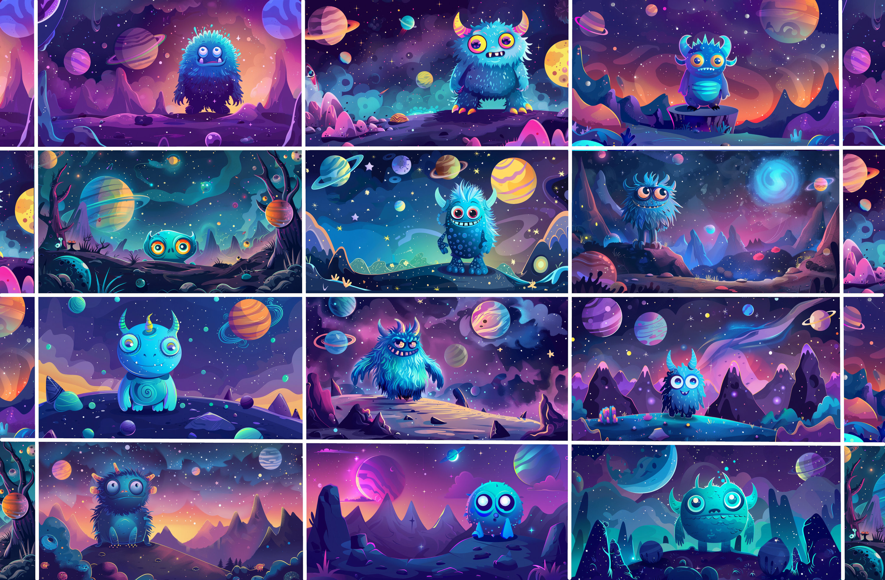 20 Cute Monsters in a Starry Sky With Moon and Planets. Colorful Night ...