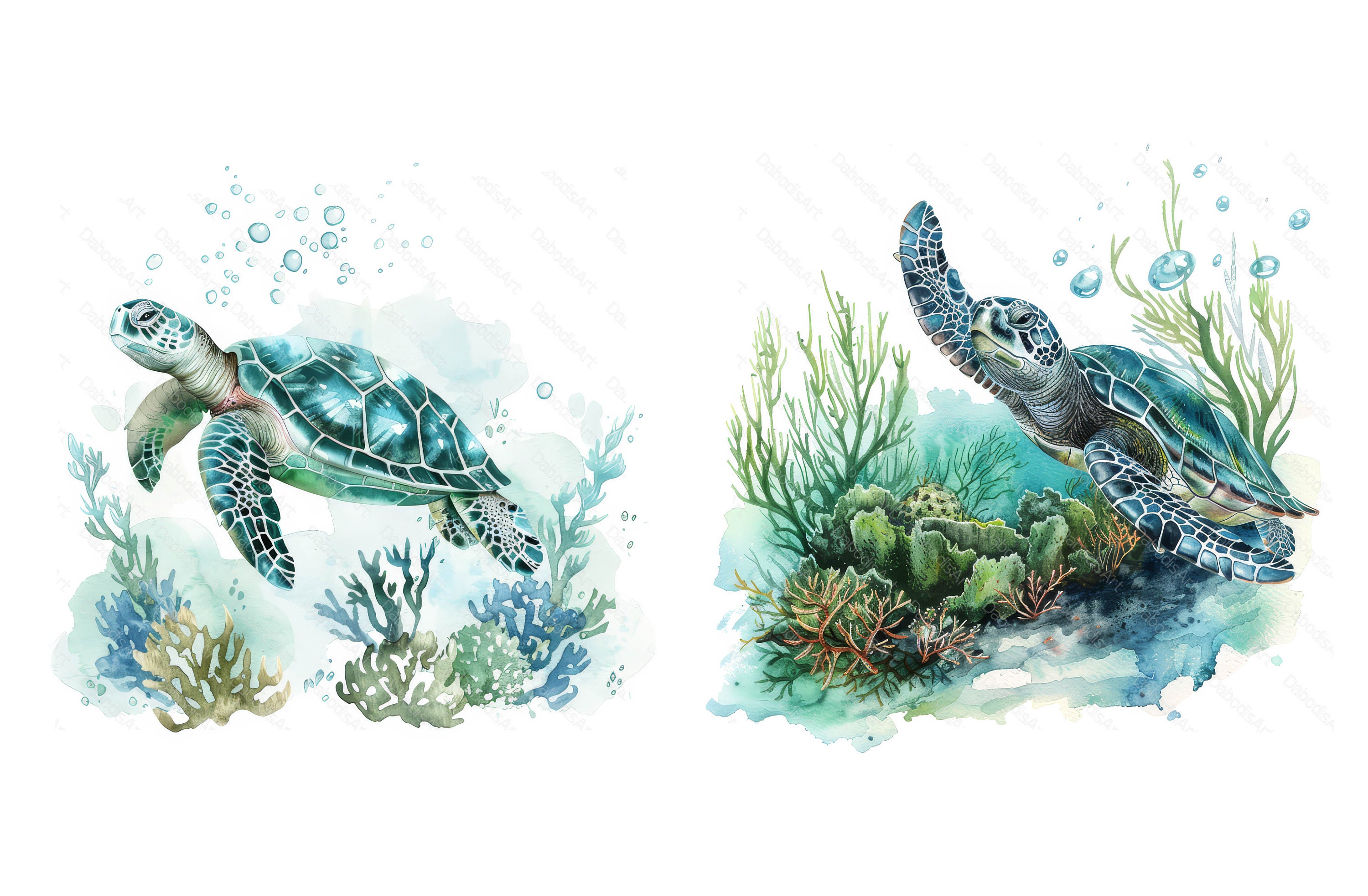 20 Watercolor Sea Turtle. Underwater Landscape With Corals. Swimming ...