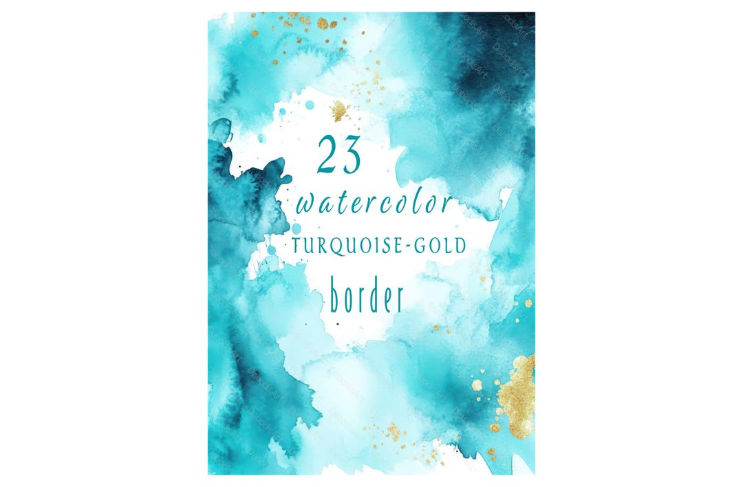 23 Watercolor Turquoise Borders. Golden Paint Splashes. Luxury Vertical ...