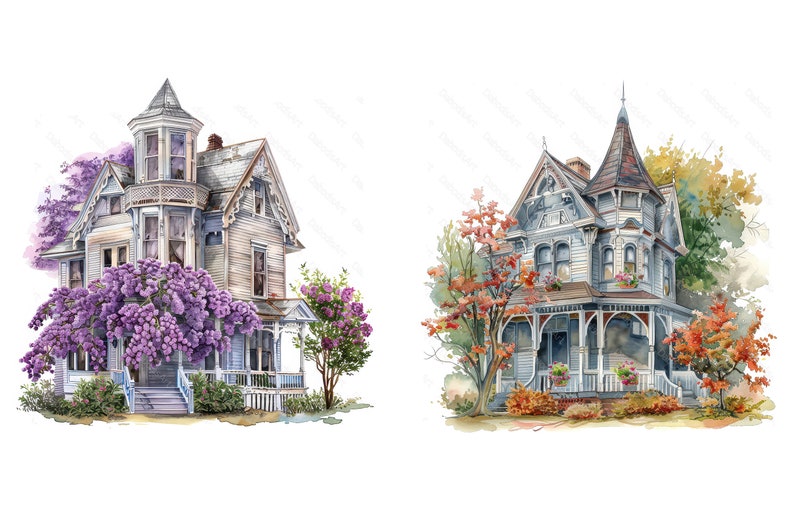 20 Watercolor Victorian Houses. Set 1. Antique Lake House. Trees ...