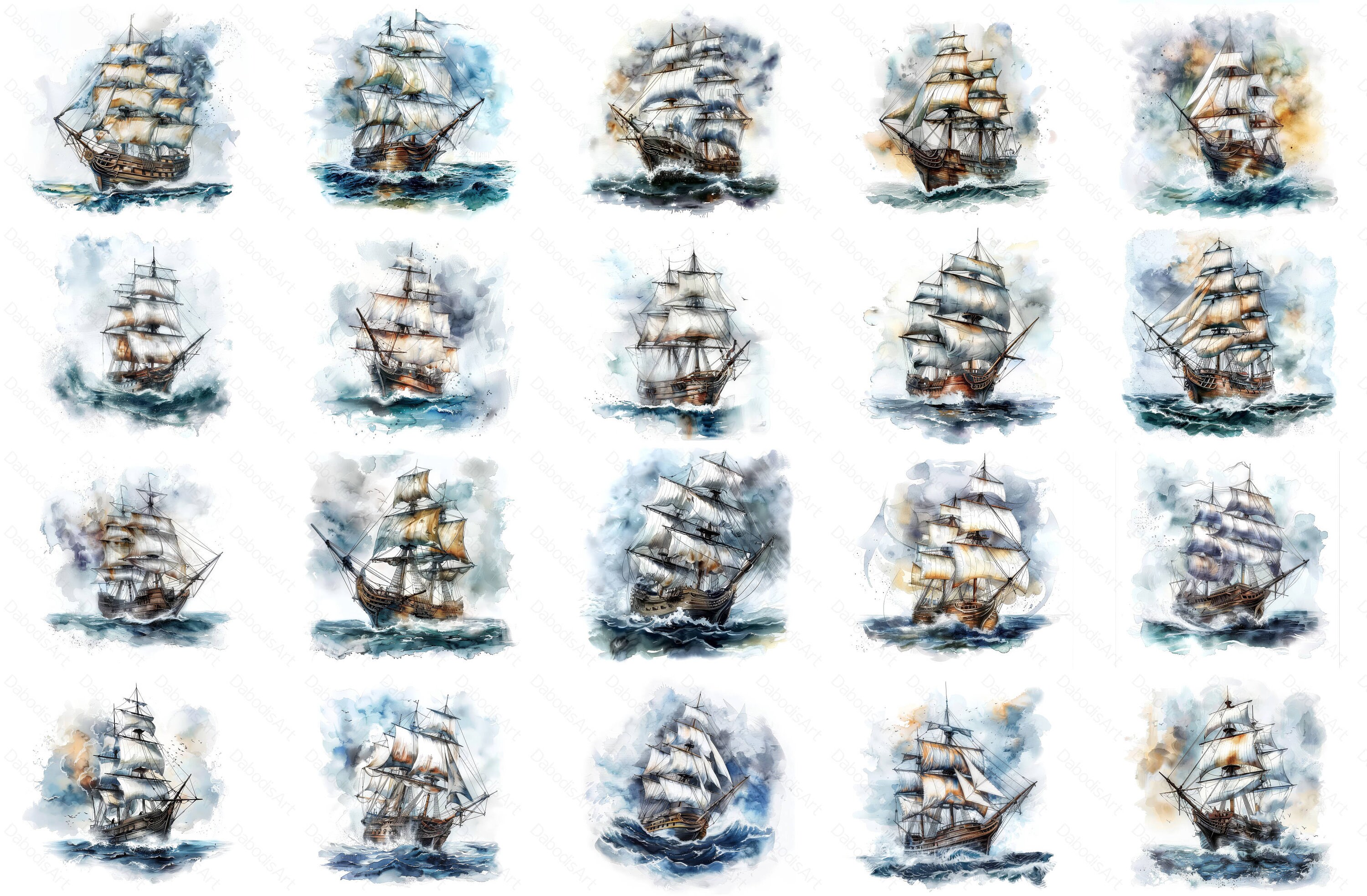 20 Watercolor Antique Sailing Ships. Vintage Sailing Ships at Sea ...