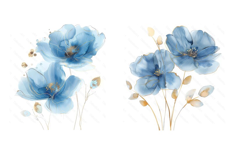 20 Abstract Blue Watercolor Flowers With Gold Glitter. Blue Gold Flower ...