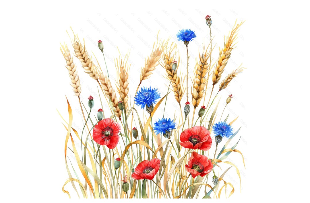 20 Cereal Field Flowers in Summer. Blooming Watercolor Poppies ...