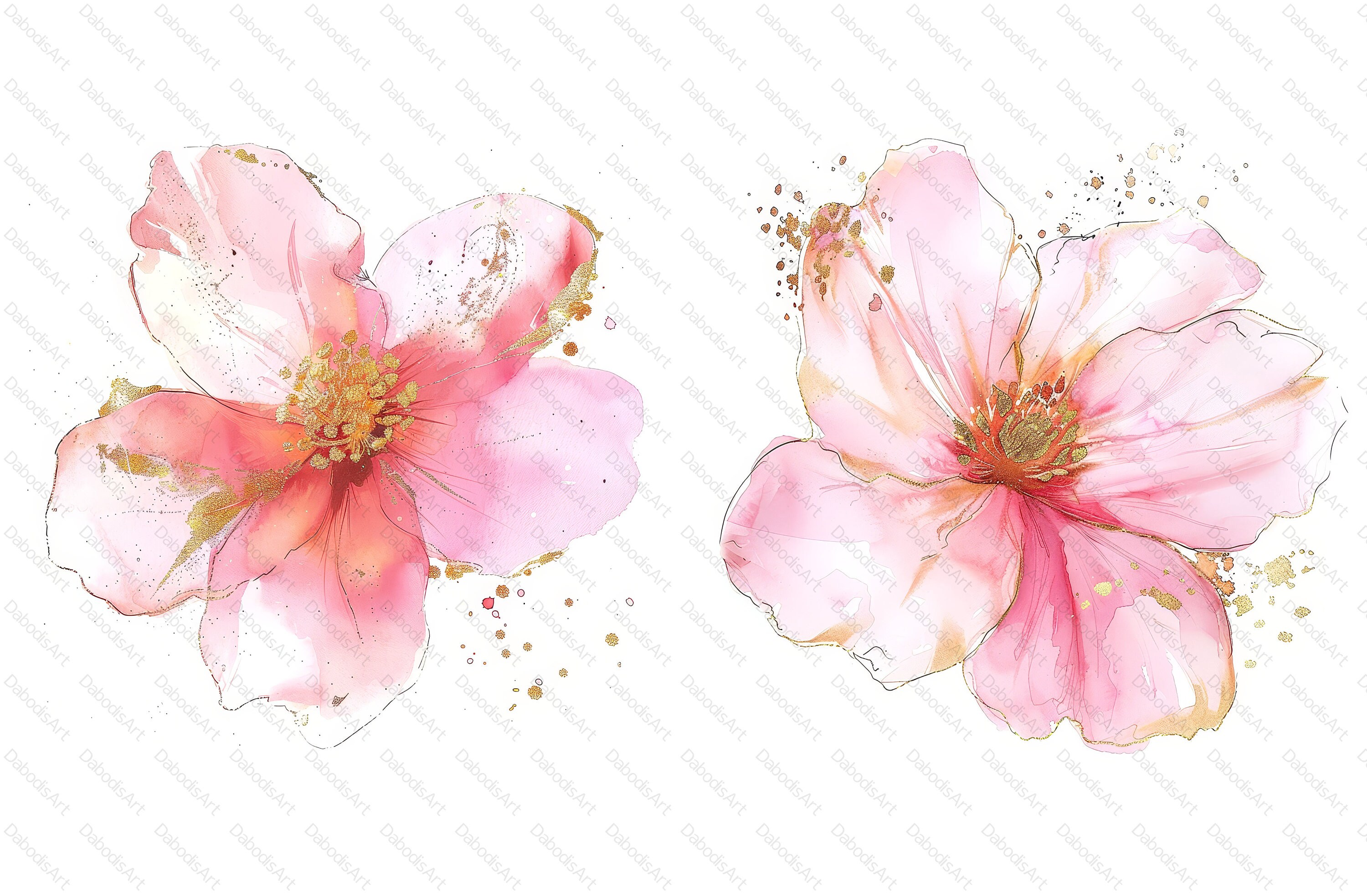 20 Abstract Pink Watercolor Flowers With Gold Glitter. Pink Gold Flower ...