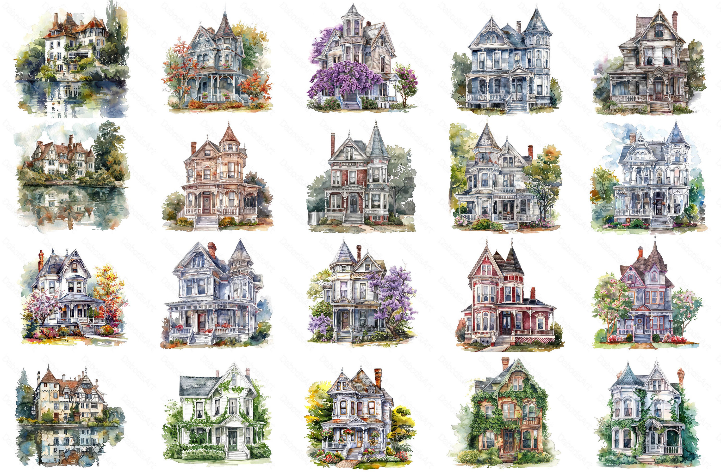 20 Watercolor Victorian Houses. Set 1. Antique Lake House. Trees ...