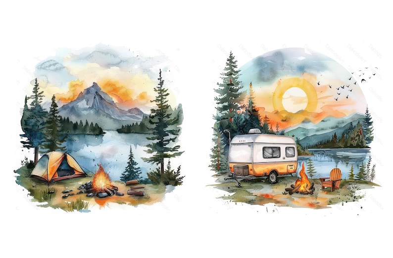20 Watercolor Camping Trailers in Mountain Landscapes. Campfires at ...