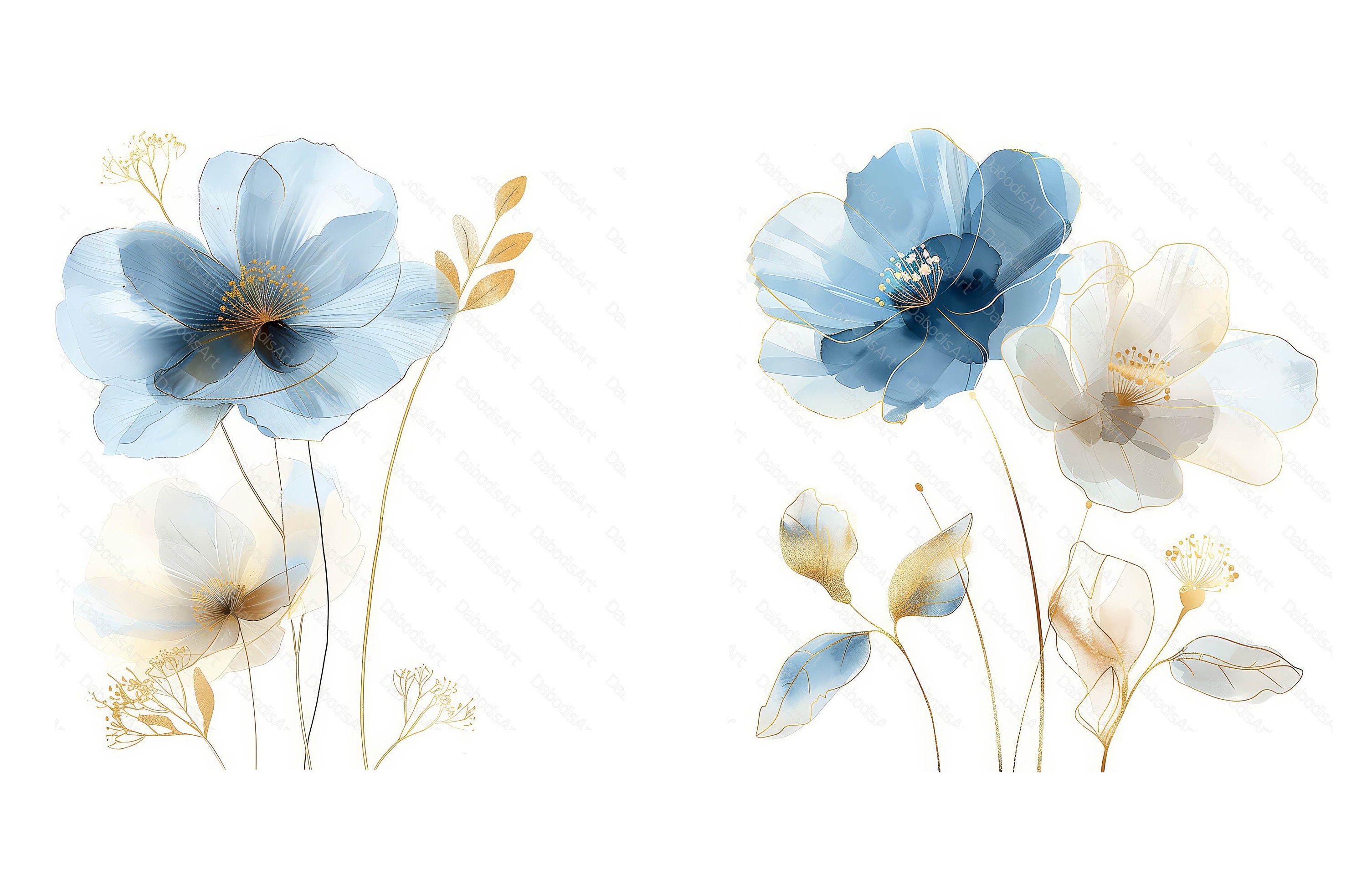 20 Abstract Blue Watercolor Flowers With Gold Glitter. Blue Gold Flower ...