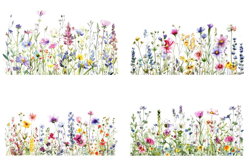 20 Wildflower Borders. Set 3. Watercolor Meadow Flowers. Colorful ...