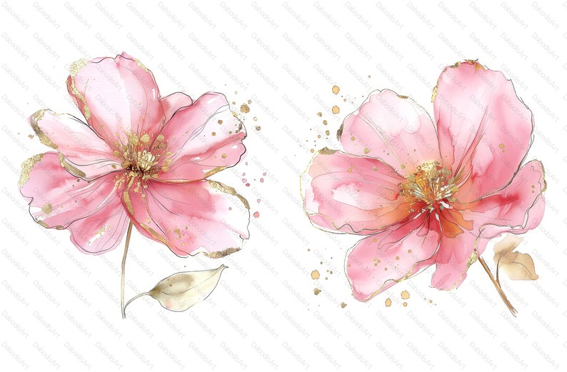 20 Abstract Pink Watercolor Flowers With Gold Glitter. Pink Gold Flower ...