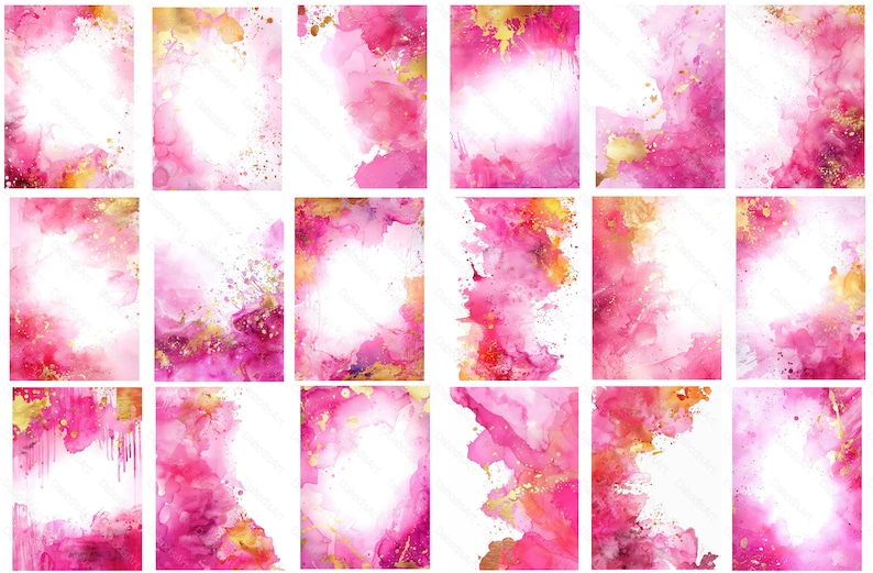 20 Pink Gold Watercolor Frames. Paint Splatter Background. Watercolor ...