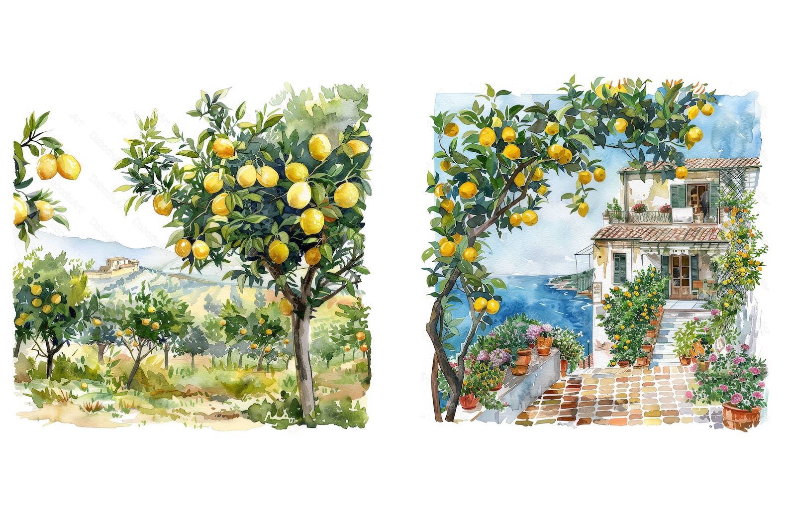 20 Watercolor Tuscany Lemon Tree. Summer Sea Italy Nature Landscape ...