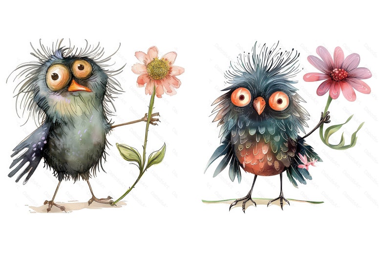 20 Whimsical Watercolor Birds With Flower. Funny Quirky Cute ...