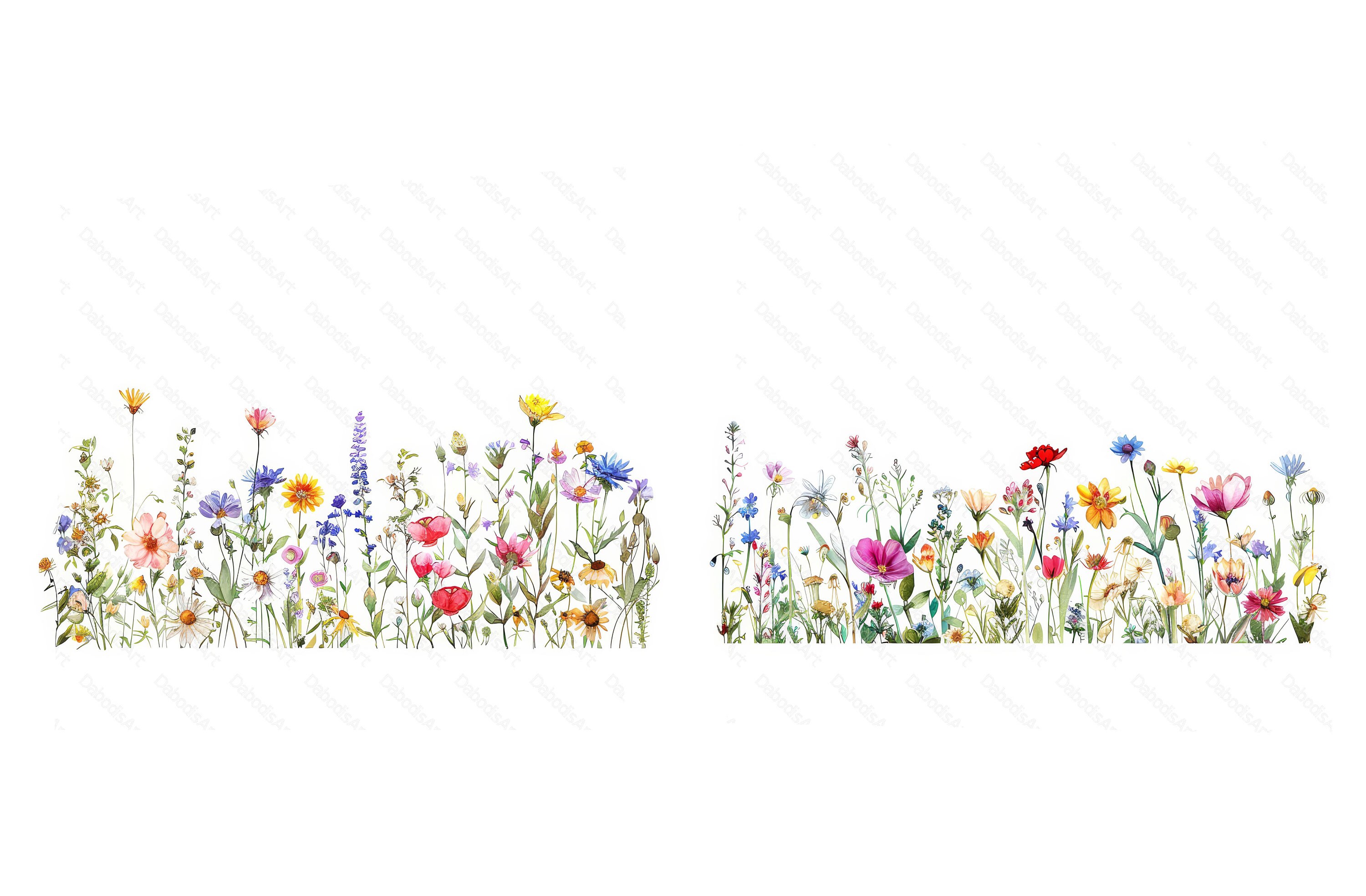 20 Wildflowers Border. Set 3. Watercolor Meadow Flowers. Colorful ...