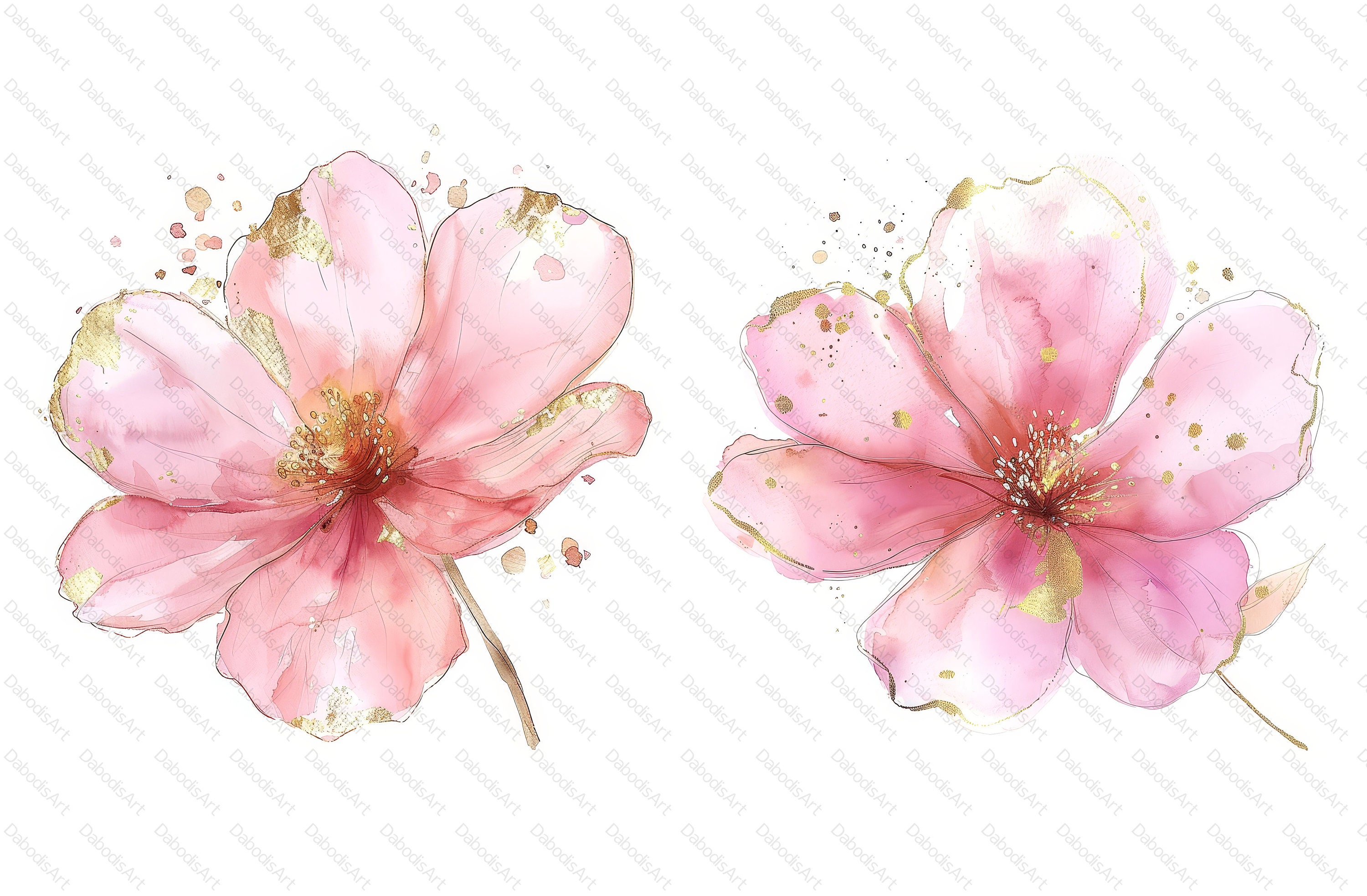 20 Abstract Pink Watercolor Flowers With Gold Glitter. Pink Gold Flower ...