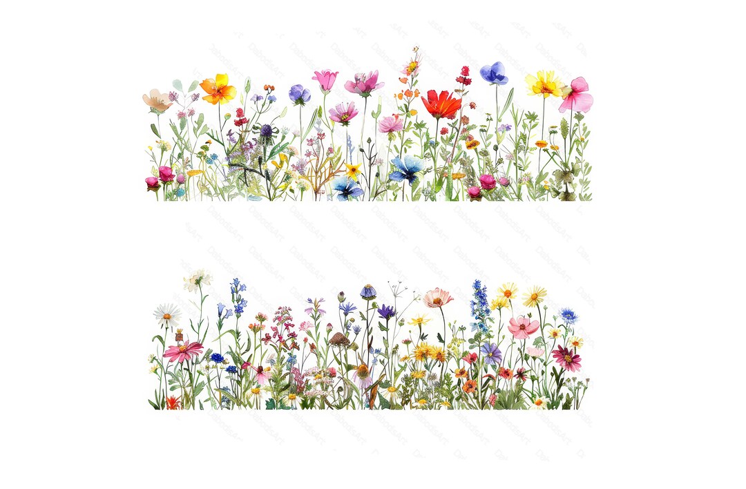 40 Wildflowers Border. Set 2. Colorful Spring Meadow. Watercolor Meadow ...