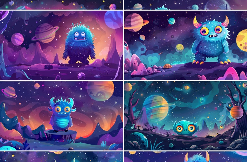 20 Cute Monsters in a Starry Sky With Moon and Planets. Colorful Night ...