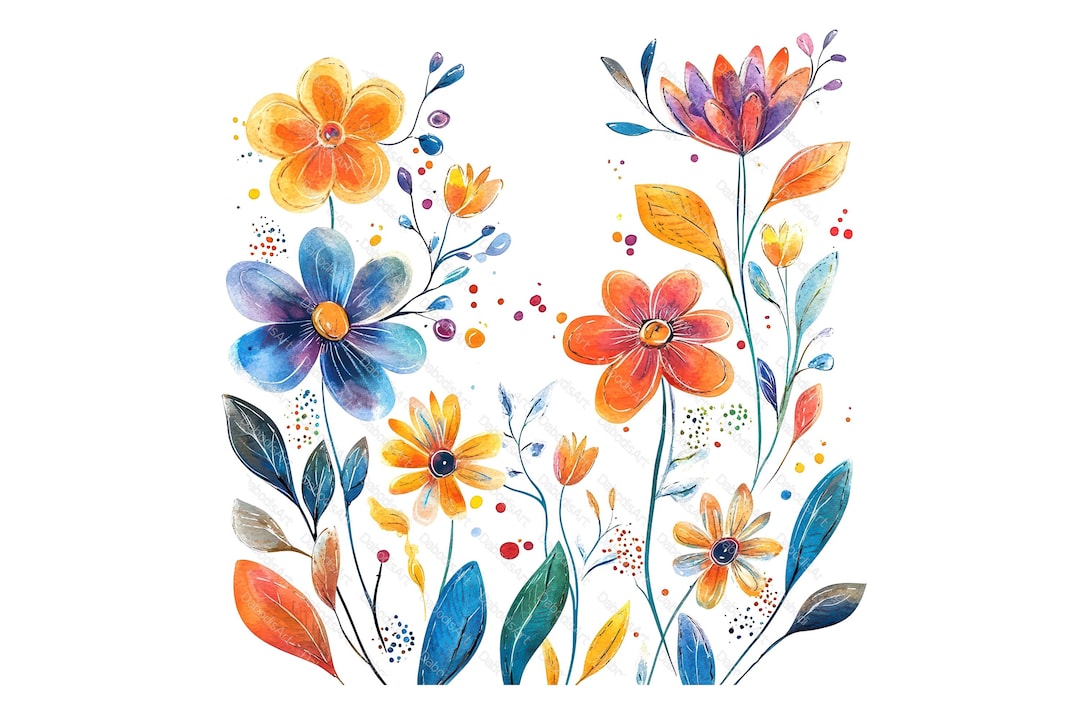 40 Whimsical Floral Borders. Quirky Watercolor Wildflowers. Set 2 ...