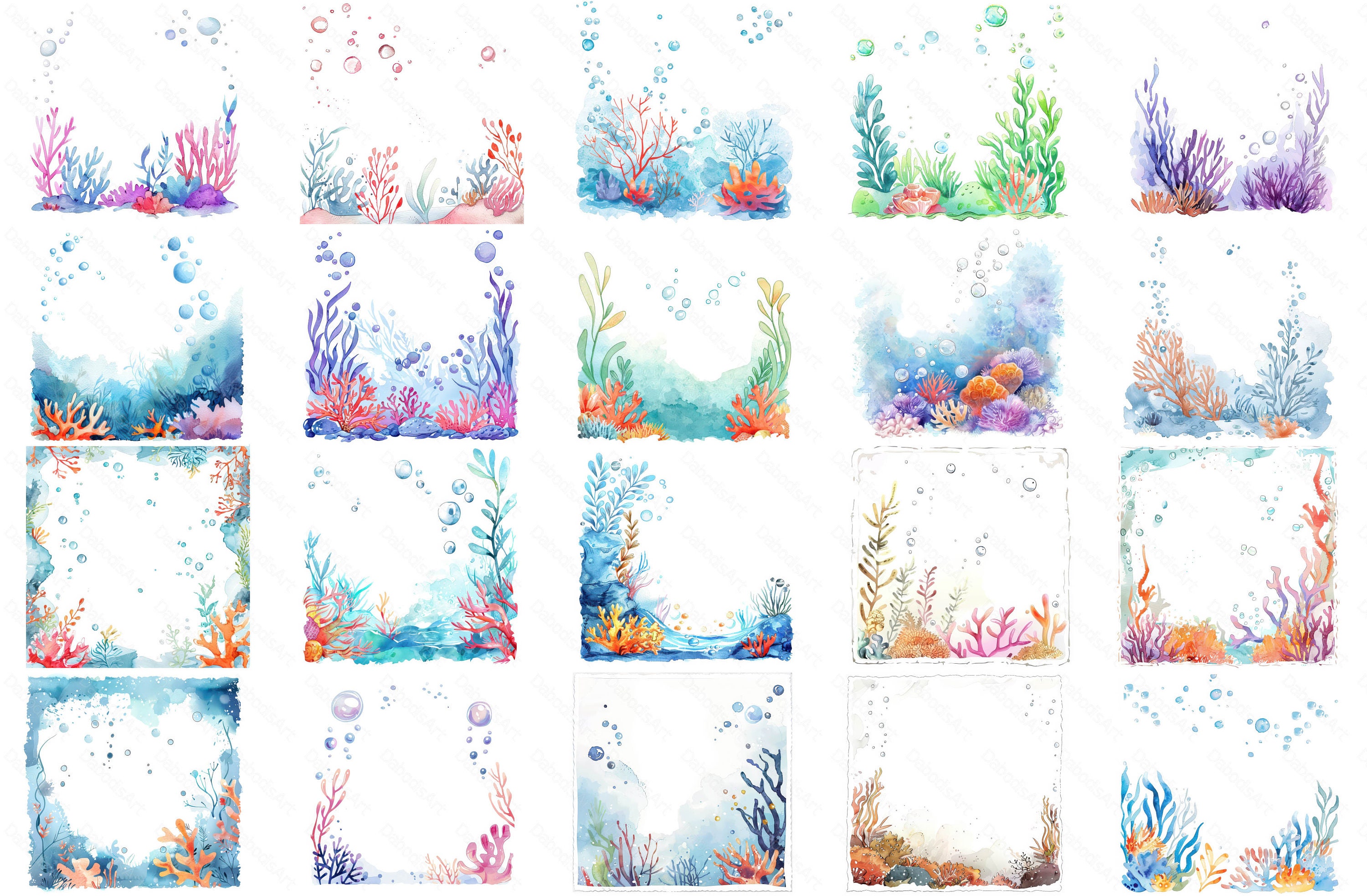 20 Watercolor Coral Background. Set 3. Underwater Frame. Seabed With ...