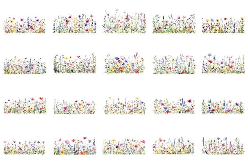 20 Wildflower Borders. Set 3. Watercolor Meadow Flowers. Colorful ...