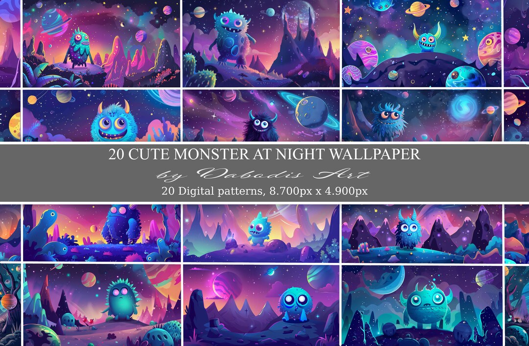 20 Cute Monsters in a Starry Sky With Moon and Planets. Colorful Night ...