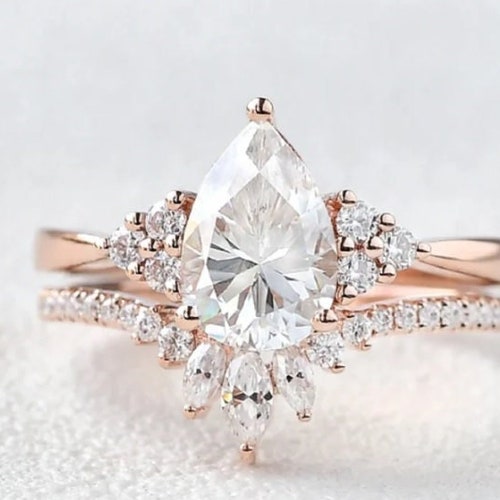 Oval Moissanite Engagement Ring Set 14K Rose Gold Wedding Ring - Etsy