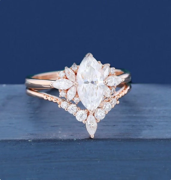 Marquise Cut Moissanite Engagement Ring Set Cluster Engagement - Etsy