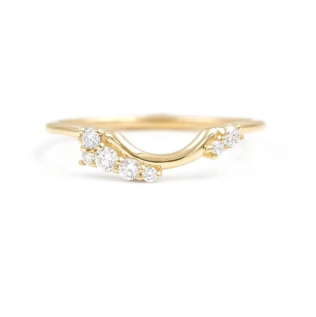 Curved Wedding Band Diamond Contour Ring Unique Cluster Wedding Ring ...