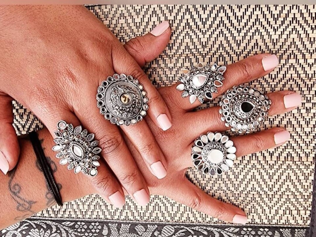 Silver Mirror Rings, Adjustable Glass Rings, Indian Oxidised Mirror ...