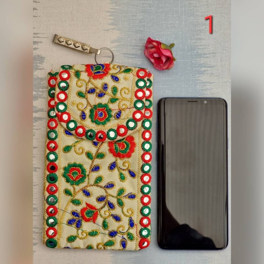 Silk Mobile Phone Bag With Neck Strap, Embroidered Handmade Mobile ...