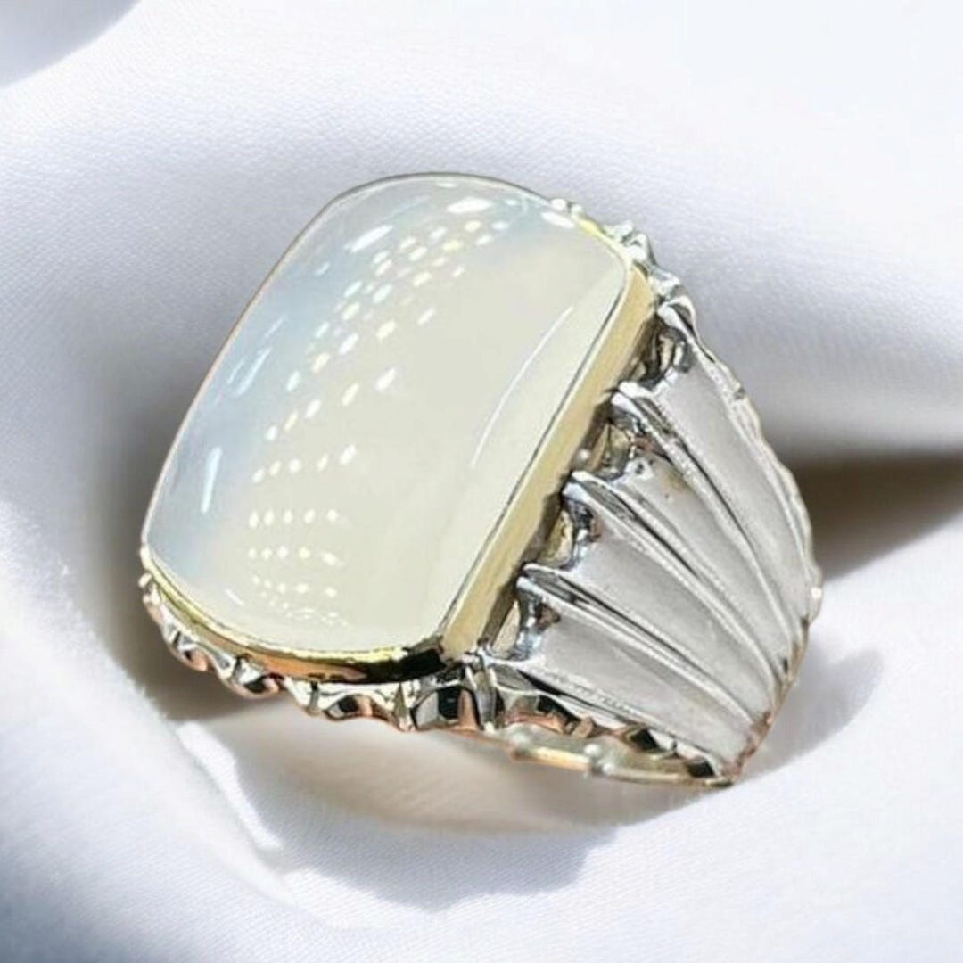 Handmade Sterling Silver White Agate Ring, Yemeni Aqeeq Statement Ring ...