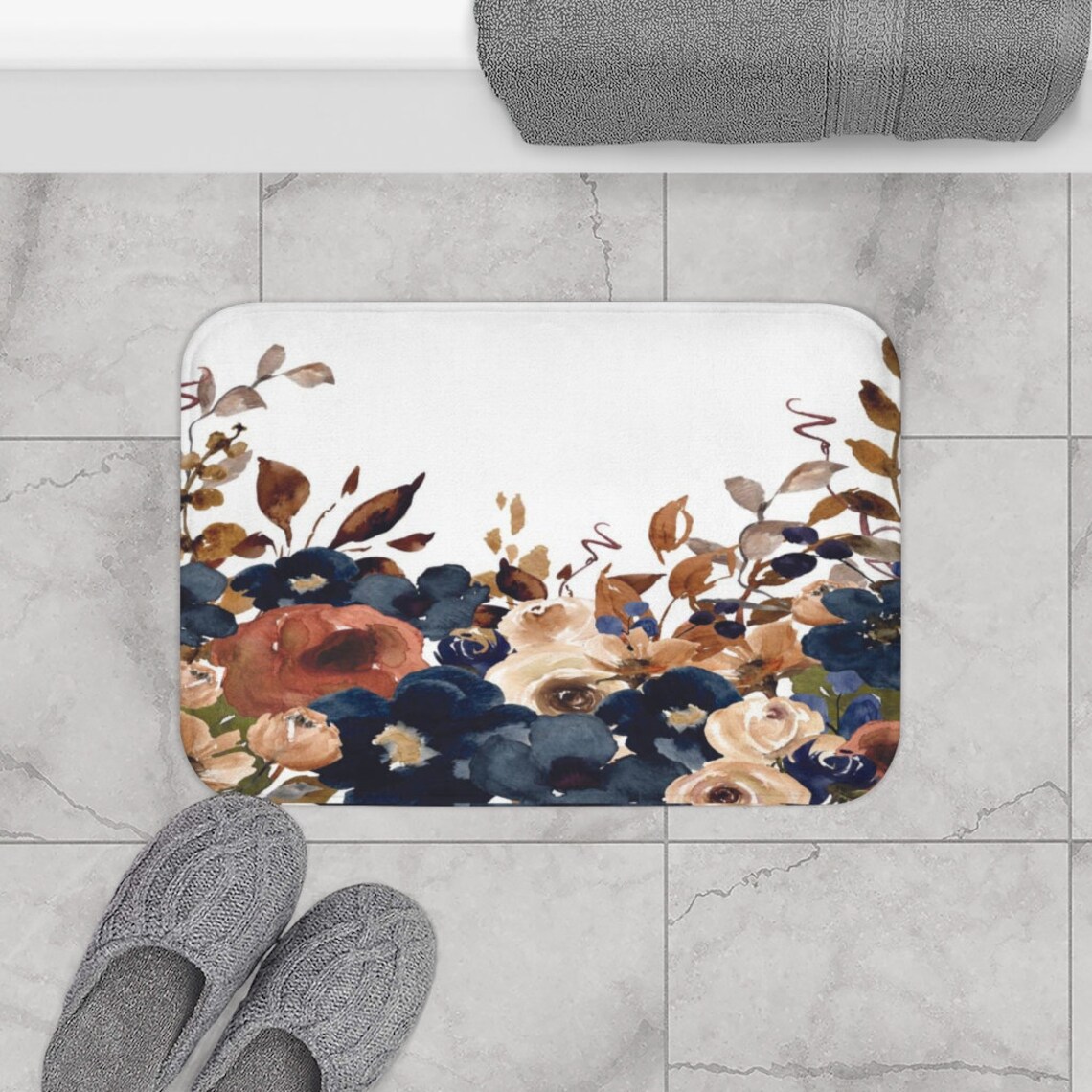 Navy Blue Bath Mat With Brown Rust and Green Leaves and - Etsy