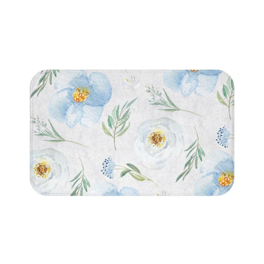 Blue, Yellow and White Floral Bath Mat, Memory Foam, Two Sizes 24 X 17 ...