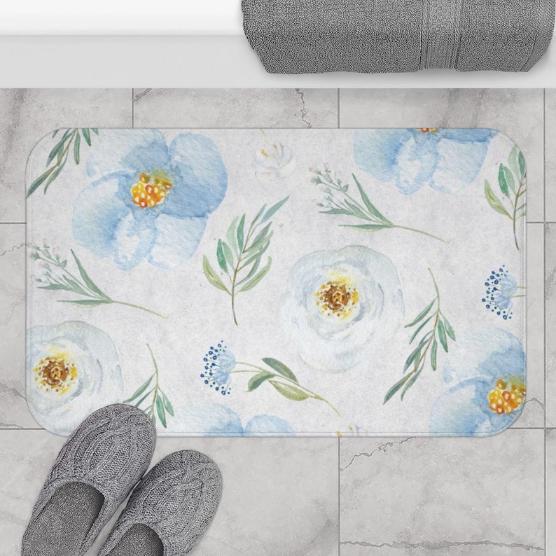 Blue Yellow and White Floral Bath Mat Memory Foam Two Sizes - Etsy