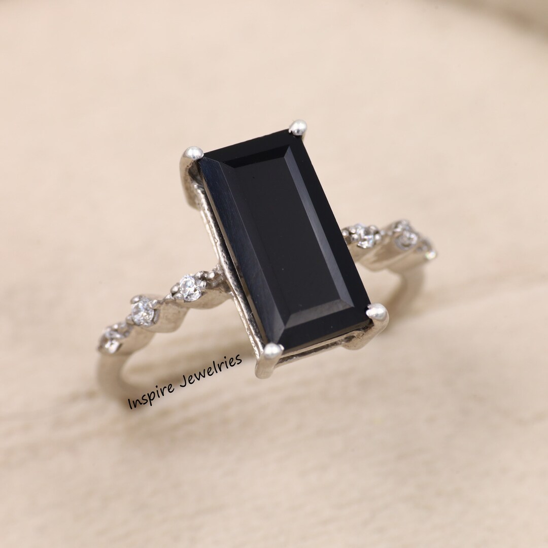 Natural Black Onyx Baguette Engagement Ring, Long Rectangle Onyx Ring ...