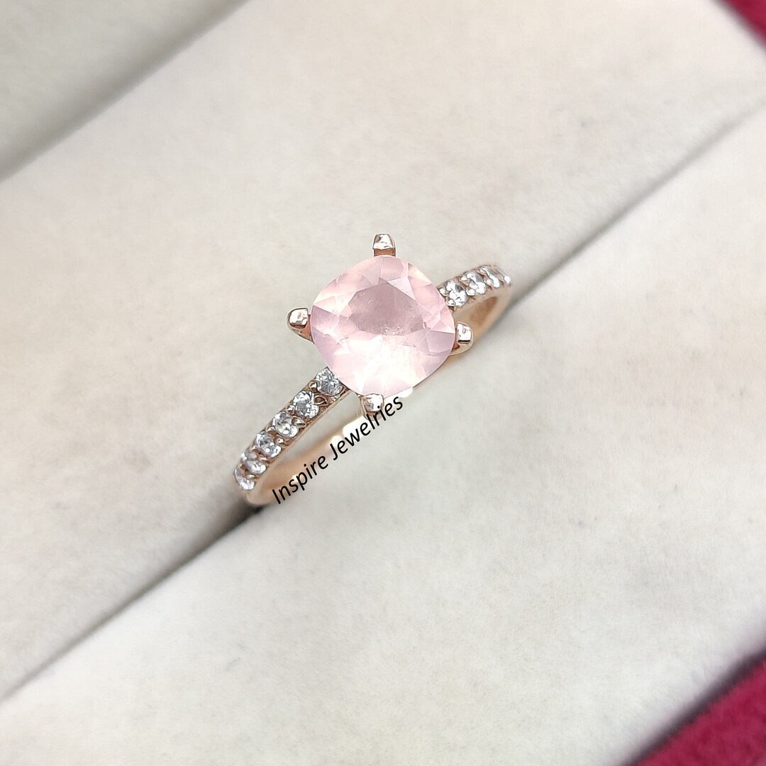 Natural Rose Quartz Cushion Cut Engagement Ring, Pink Quartz Ring, Kite Solitaire Ring, Crystal ...