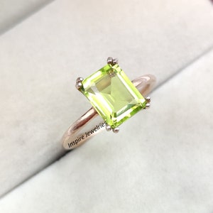 Minimalist Emerald Cut Peridot Ring, Delicate Peridot Engagement Ring ...
