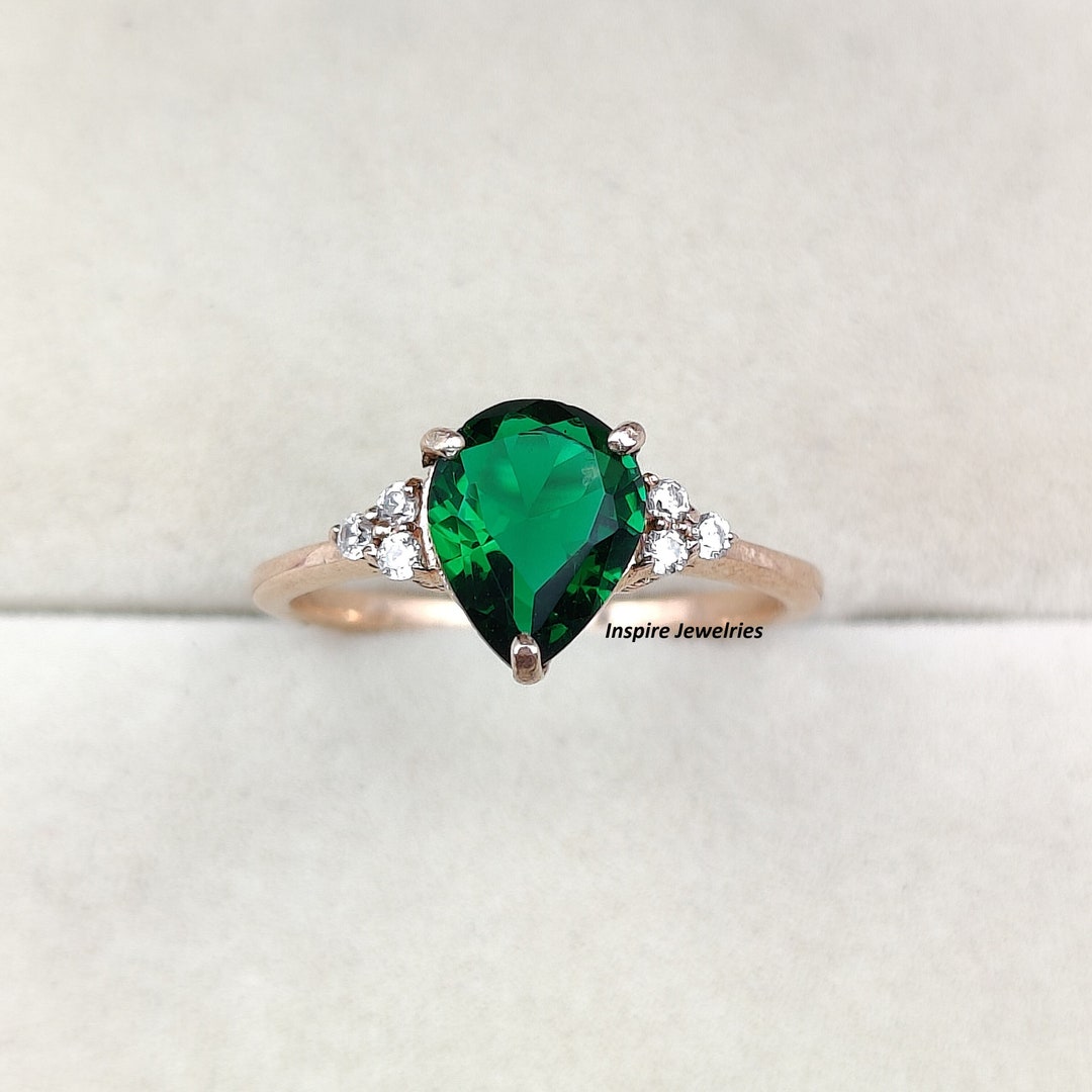 Emerald Tear Drop Engagement Ring, Dainty Pear Cut Ring, Art Deco ...