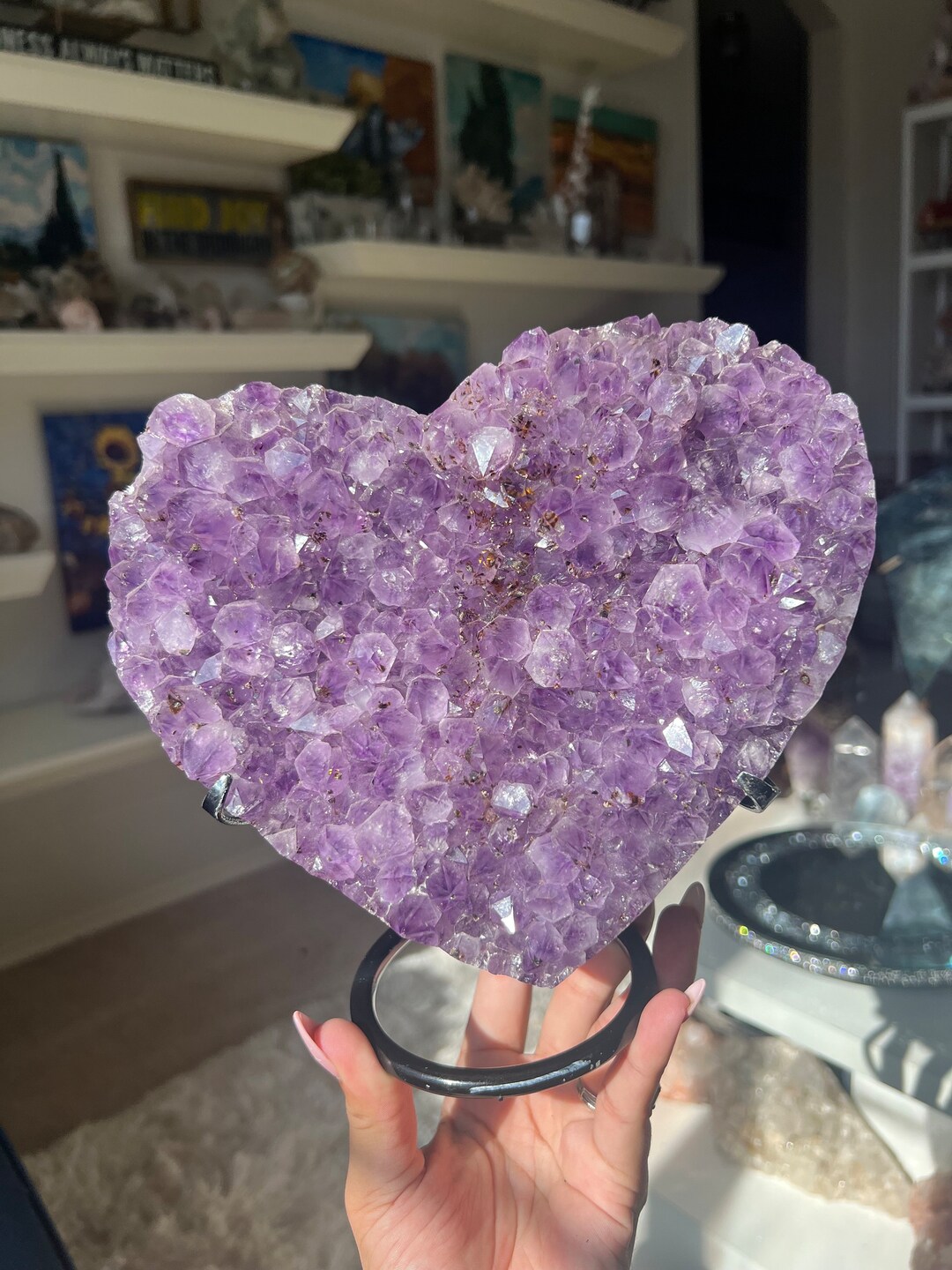 Stunning Large Purple Amethyst Heart With Inclusions on Black Stand ...