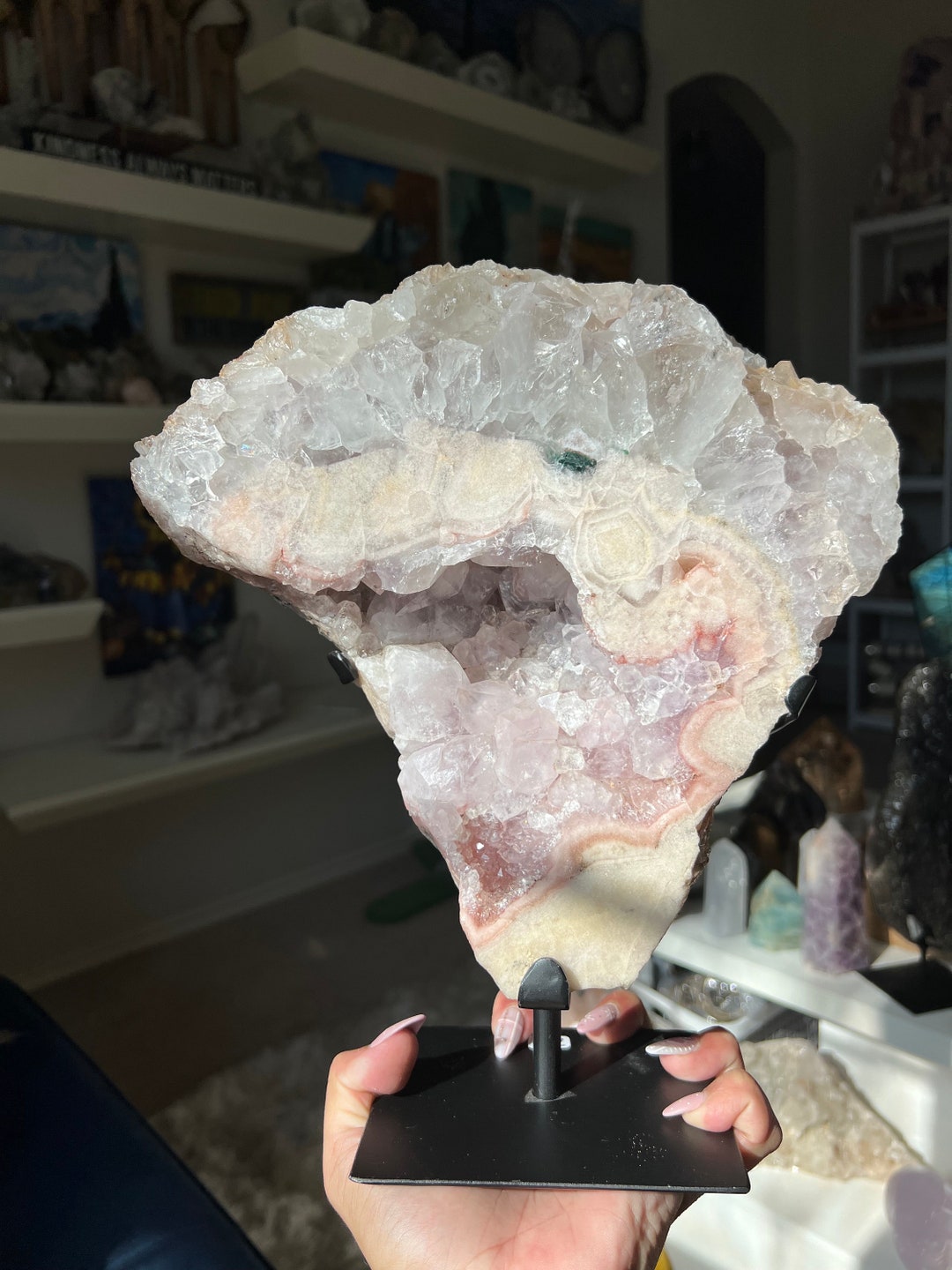 Druzy Pink Amethyst Quartz Slab on Stand Deep Amethyst Druzy Pocket ...