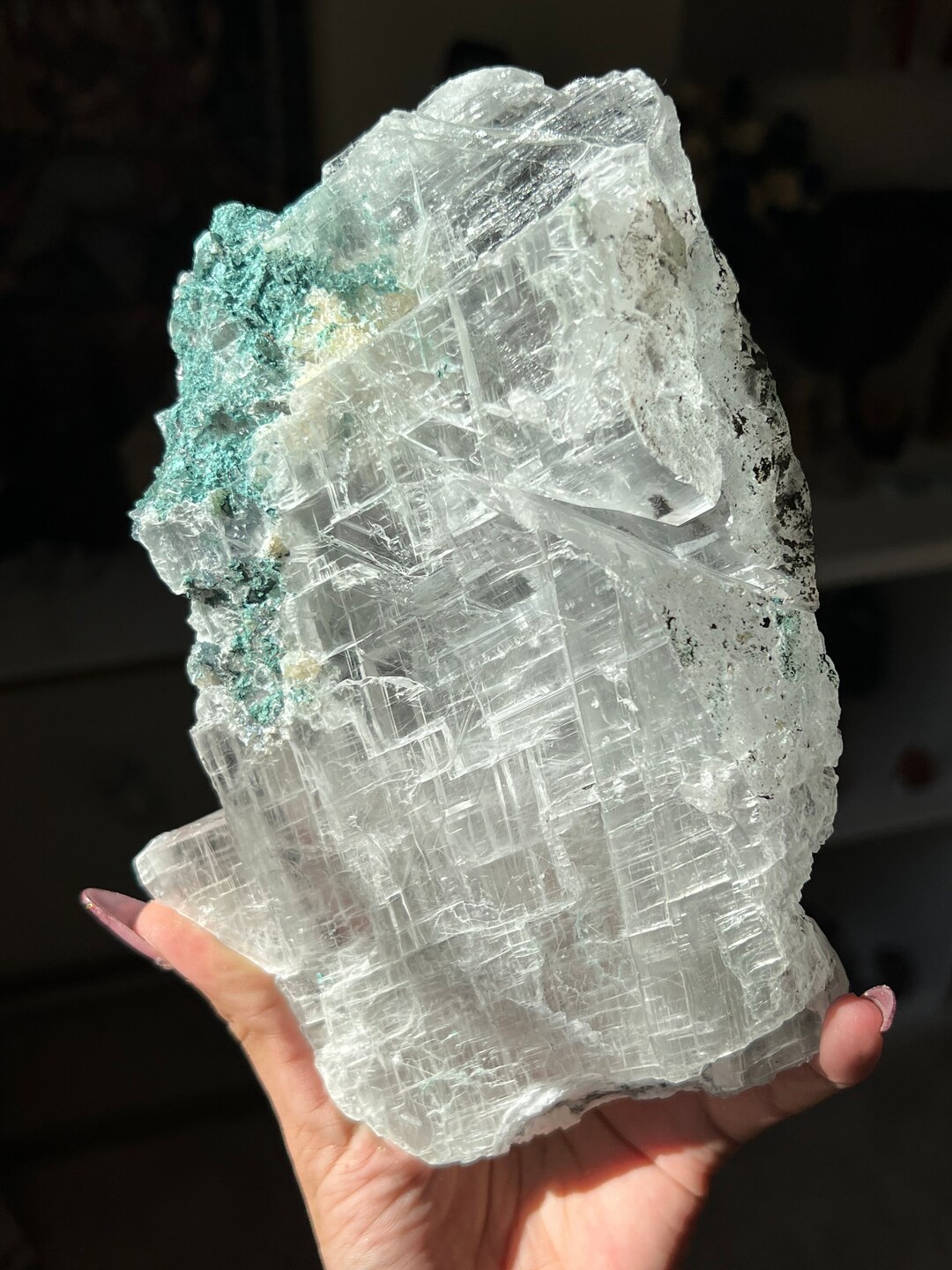 Incredibly Rare Optical Gypsum Twin Selenite With Chrysocolla, Druzy ...