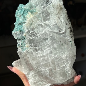 Incredibly Rare Optical Gypsum Twin Selenite With Chrysocolla, Druzy ...