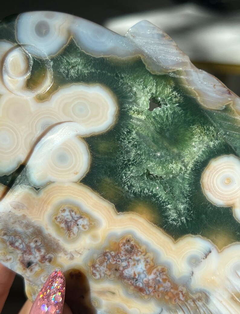 Adorable 8th Vein Orbicular Ocean Jasper Fish Carving With Green Druzy ...